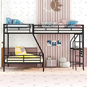 MERITLINE Metal L-Shaped Bunk Bed, Twin Over Full Bunk Bed with a Twin Loft Bed Attached,Triple Bunk Bed with Desk,3 Bed Bunk Beds with Guardrails and Ladder for Kids Teens Adults, Black