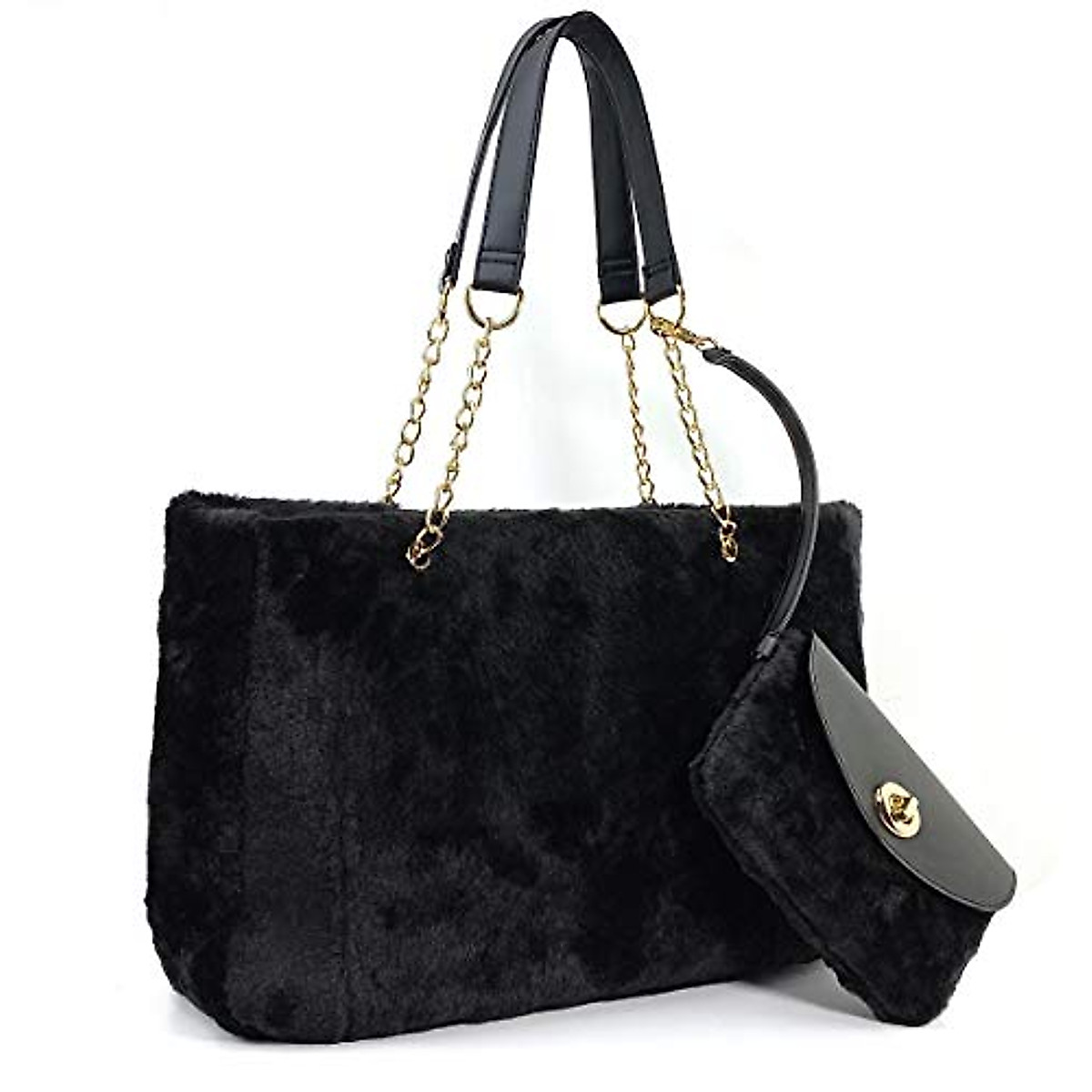 Fur Carryall Tote Bag with Wristlet Clutch Women Chain Shoulder Handbag (Black) Large