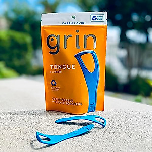 GRIN Tongue Cleaner, 32 Count, Disposable Tongue Cleaner, Hygienic Scraper, Recycled Plastic, Clean Tongue, Promote Fresh Breath, Includes Safe Fold- Back Tooth Pick