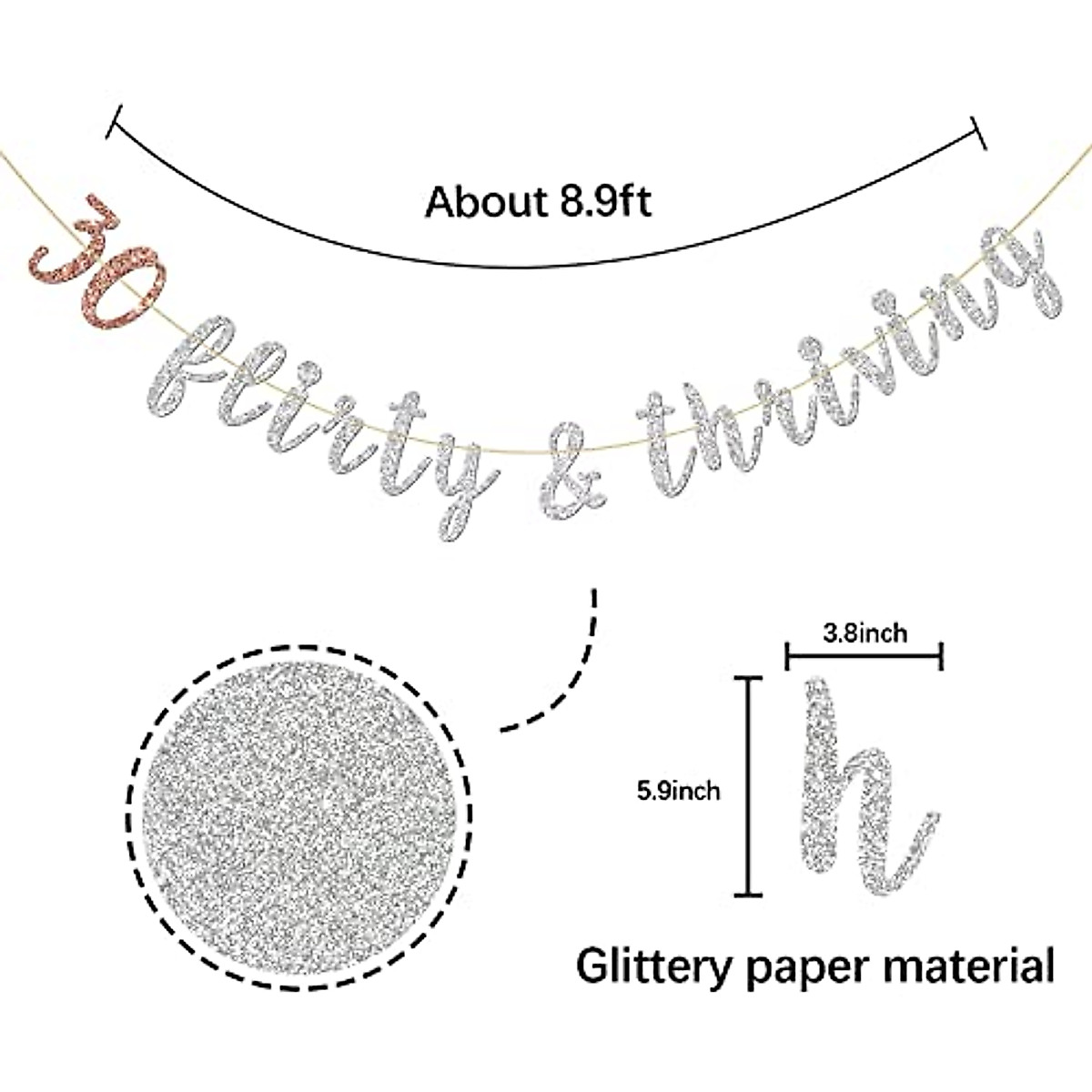INNORU 30 Flirty & Thriving Banner, Happy 30th Birthday Party Decorations, 30th Anniversary Banner, Cheers to 30 Years Party Decoration Silver Glitter