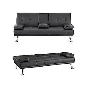 Naomi Home Black Futon Sofa Bed, Faux Leather Futon Couch with Armrest and 2 Cupholders, Pull Out Sofa Bed Couch with Metal Legs, Reclining Small Couch Bed, Black Couches for Living Room