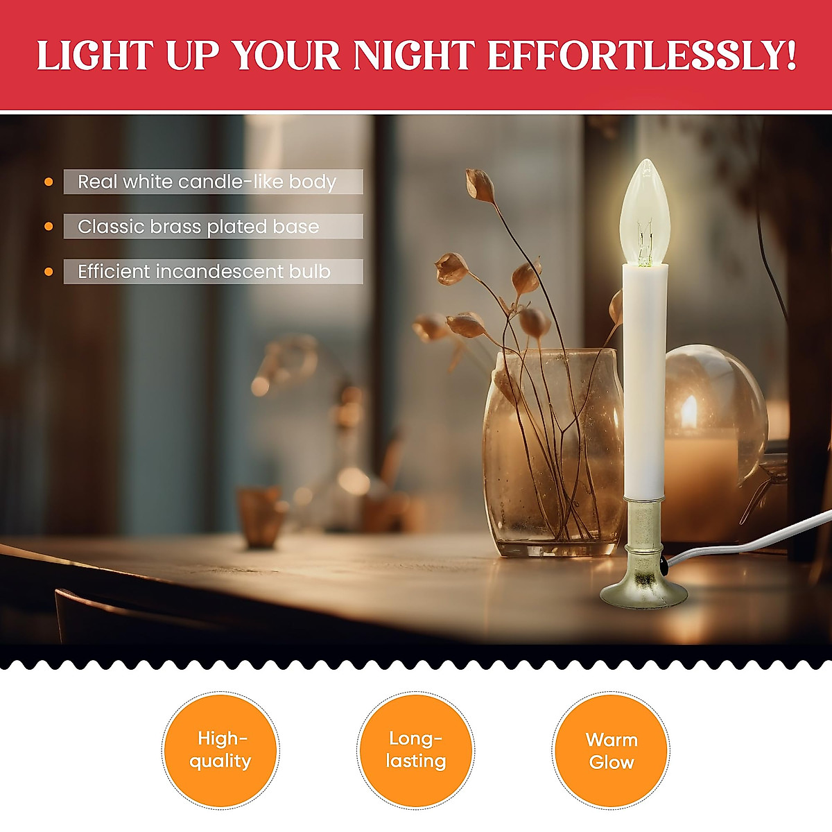 Creative Hobbies® Electric Window Candle Lamp with Brass Plated Base, On/Off Switch, Light Bulb, Ready to Use!