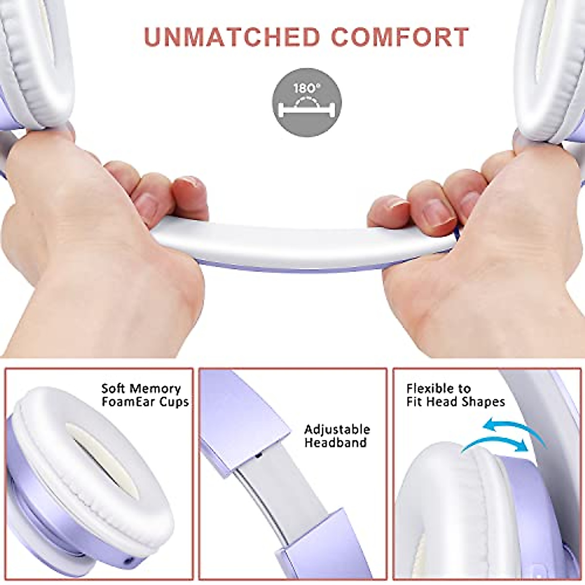 ZIHNIC Bluetooth Headphones Over-Ear, Foldable Wireless and Wired Stereo Headset Micro SD/TF, FM for Cell Phone,PC,Soft Earmuffs &Light Weight for Prolonged Wearing (Purple)