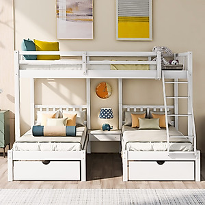 Wood Triple Bunk Bed Full Over Twin &Twin Bunk Beds for 3, Wooden Triple Beds Frame with Drawers and Guardrails for Kids,Teens, Adults, No Box Spring Needed (White)