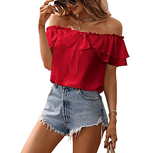 SweatyRocks Women's Off Shoulder Ruffle Trim Knot Front Blouse Tiered Layer Butterfly Short Sleeve Chiffon Tops Summer Red L