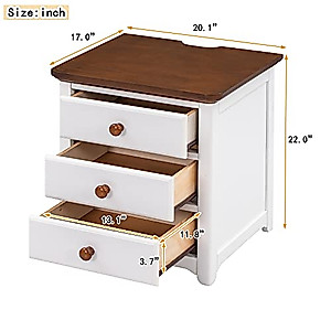 Flieks Wooden Nightstand with USB Charging Ports and Three Drawers,End Table for Bedroom,White+Walnut