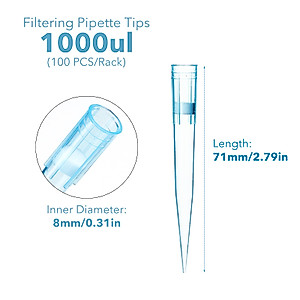 Estresen 1000ul Filter Pipette Tips 100Pcs x 1Rack, RNase DNase Free, Pryogen Safe, Universal MicroPipette Tips with Filter, Filtering Tips for Pipettor