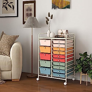 15 Drawer Rolling Storage Cart, Mobile Utility Cart with Lockable Wheels, Drawers, Multipurpose Organizer Cart for Home, Office, School, Mixed Color