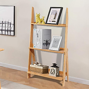 Maydear Bamboo Ladder Shelf Bookcase, 3-Tier Leaning Bookshelf Free Standing Organizer Storage Shelves for Living Room, Bedroom, Kitchen, Home Office, Balcony