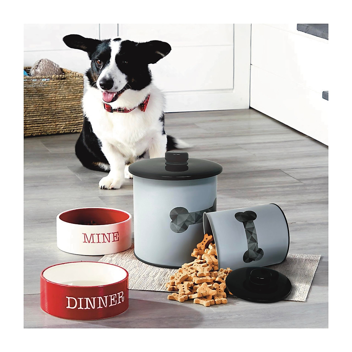 Define Marvelous 2pc Set Dog Treat Container with Lid, Round Tin Dog Treat Storage Jar for Countertop (Bone)
