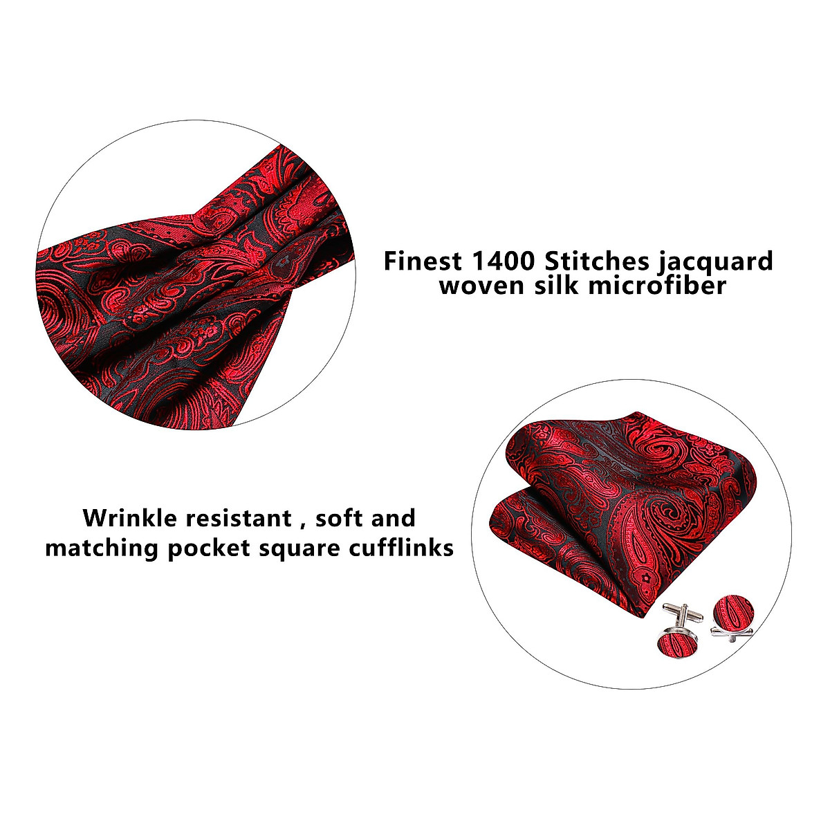 Barry.Wang Men Ascot Tie Set Cravat Paisley Red Silk Scarf Self Necktie Handkerchief Cufflinks Formal Wedding Party Prom