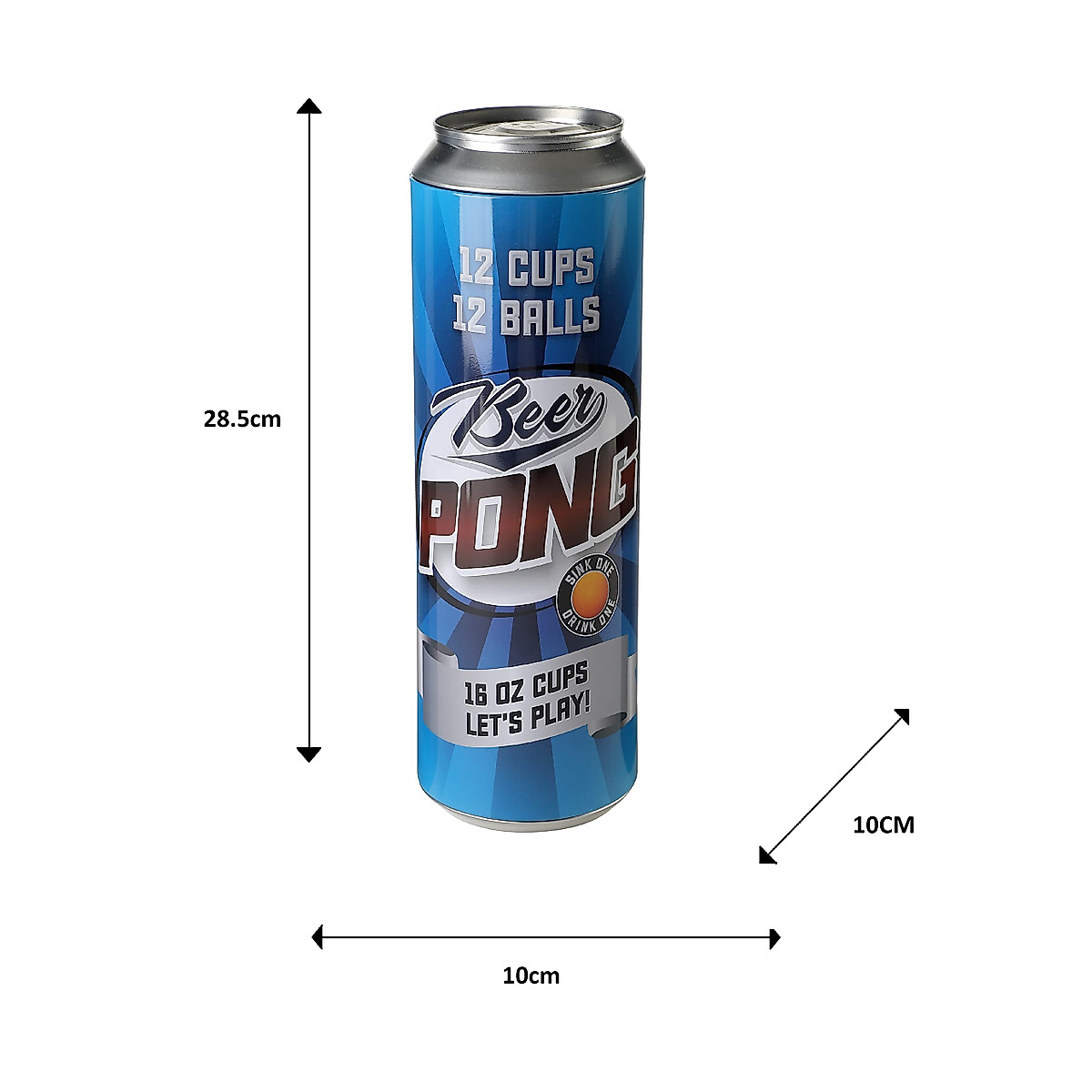 Komonee Beer Pong Novelty Can American Adult Indoor Party Drinking Game Including 12 Printed Wide Rimmed Red and Blue Re-usable Cups and 12 High Bounce ABS Orange Balls