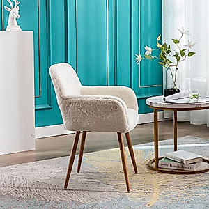 KCC Furry Desk Chair, Mid-Century Modern Accent Faux Fur Chair for Teen Girls, Comfy Armchair with Wood Look Metal Legs for Living Dining Room, Home Vanity Makeup Office Desk Chair No Wheel, White