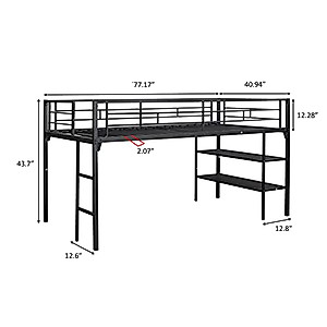 Lostcat Twin Size Metal Loft Bed and Storage Shelves,Heavy Duty Metal Loft Bed w/Full Length Guardrails and Ladder,No Box Spring Needed,Suitable for Kids,Teens,Adults,Black