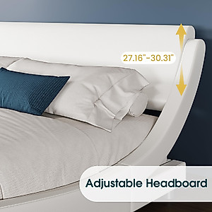 WEEWAY Modern Queen Size Upholstered Platform Bed Frame, Faux Leather Sleigh Bed with Adjustable Headboard, Strong Wood Slats Support, No Box Spring Needed, White