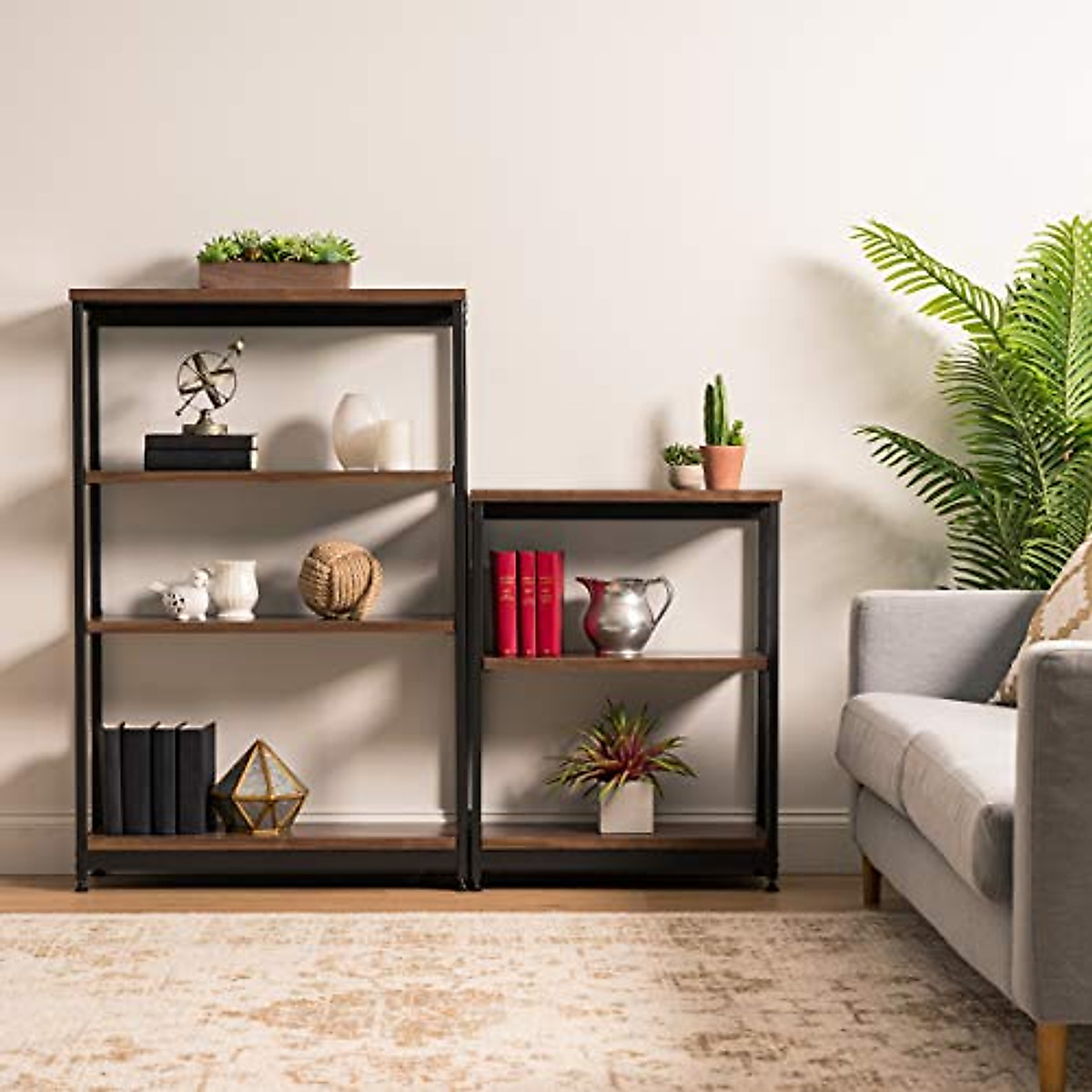 IRIS USA 31.5" 4-Tier Wide Wood and Metal Shelf, Sturdy Home Décor Storage Rack with Height Adjustable Shelves and Feet, Dark Brown/Black