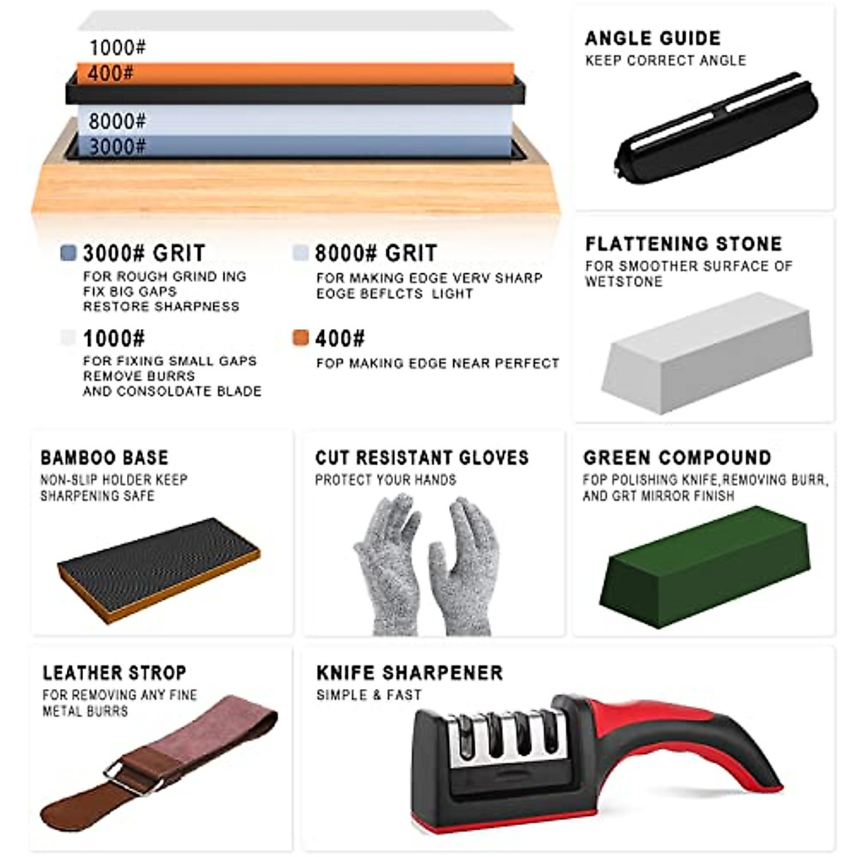 Knife Sharpening Stone Set - XINLINE 4 Side Grit 400/1000 3000/8000 Whetstone Sharpener Stone Kit, Premium kitchen Knife Sharpener, Bamboo Base, Flattening Stone, Angle Guide and Cut Resistant Gloves