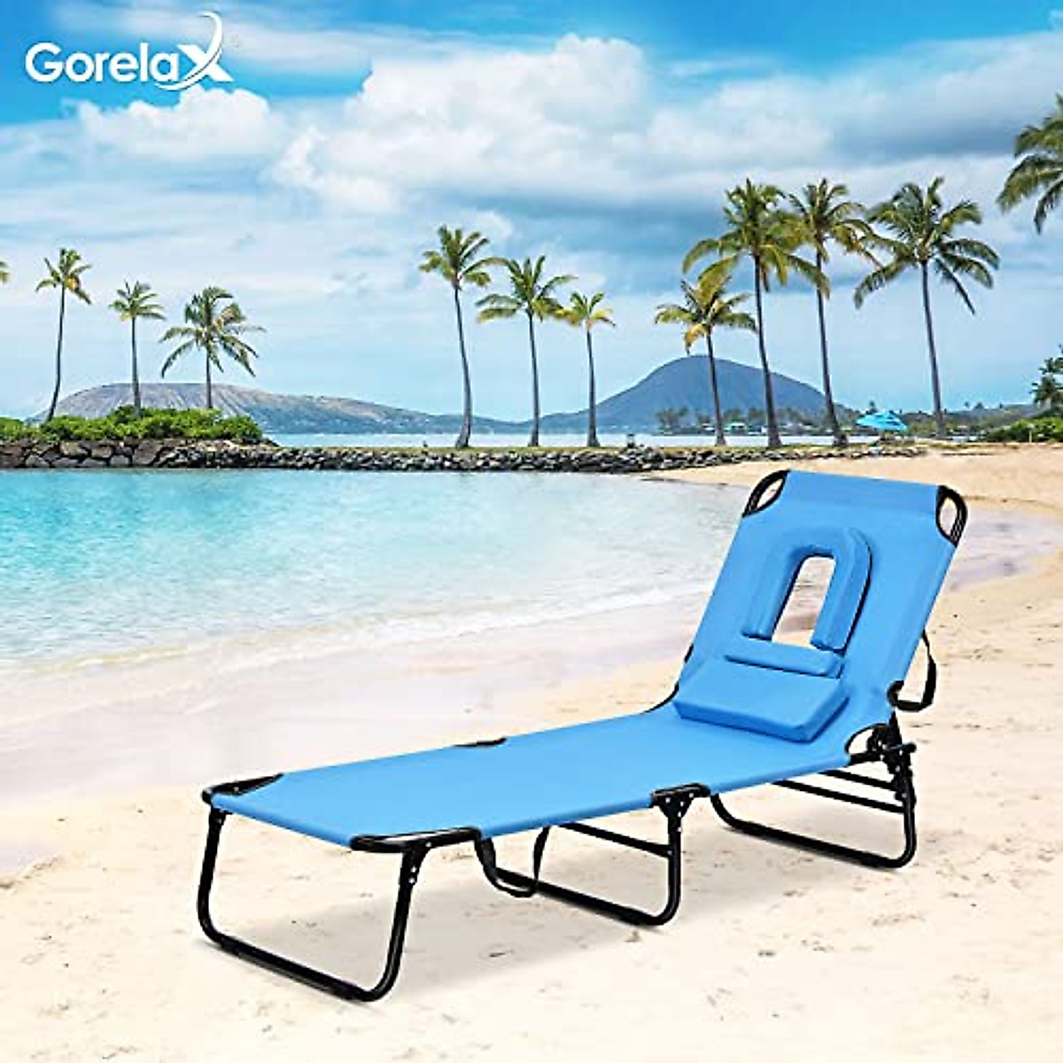 Giantex Chaise Folding Chair Adjustable Beach Patio Lounge Recliner, Blue