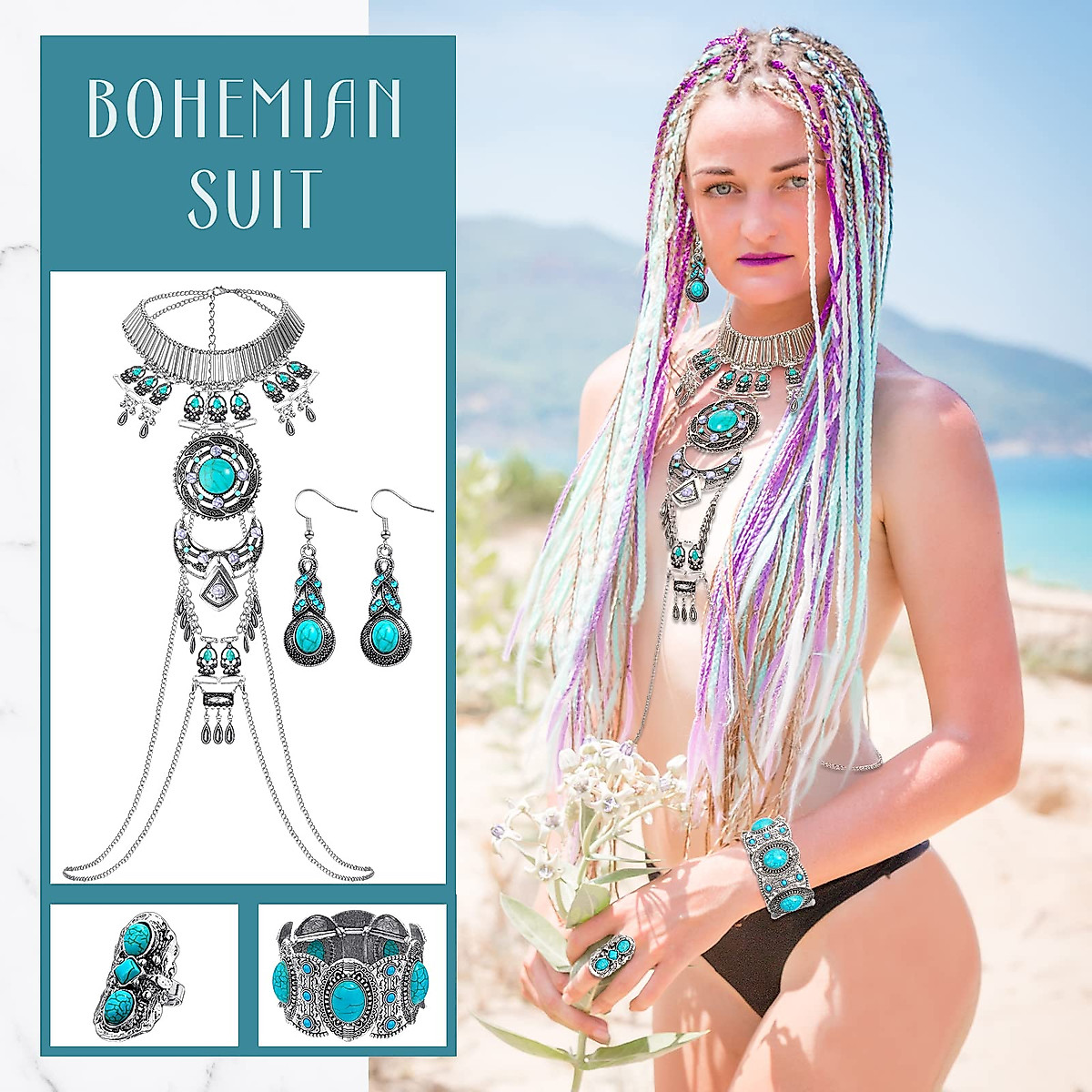 4 Pieces Boho Turquoise Jewelry Set Includes Boho Statement Necklace Body Chains Alloy Oval Resin Drop Dangle Earrings Adjustable Heart Compressed Turquoise Bracelet Turquoise Statement Ring for Women