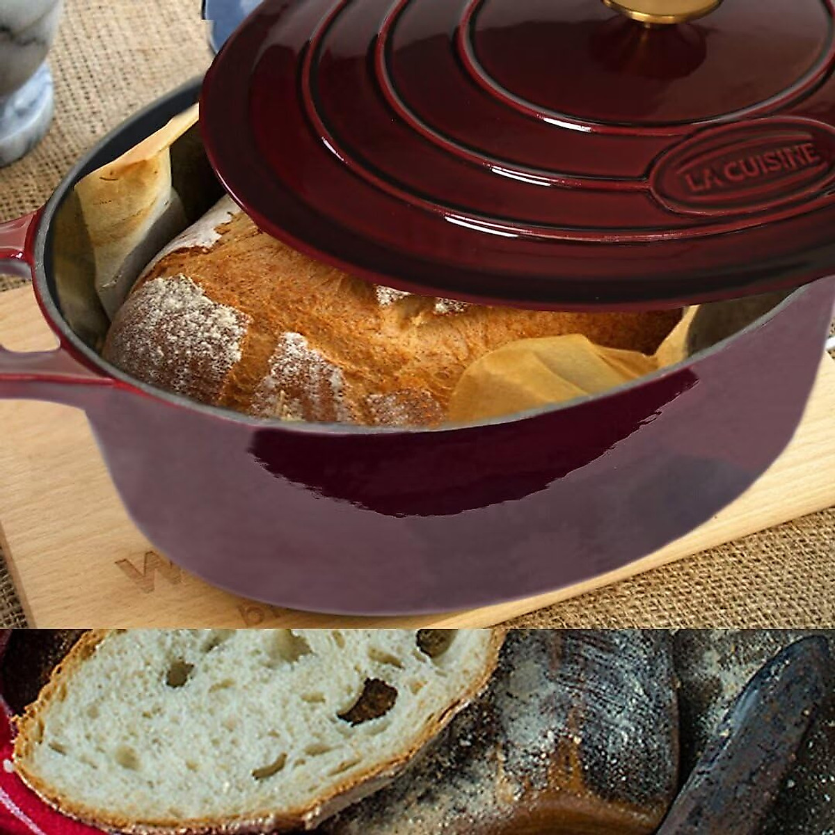 La Cuisine Enameled Cast Iron Oval Dutch Oven Casserole Dish Pot with Lid 6.75 QT Internal Matte Black Enamel Coating for bread baking, Gold-Plated Stainless Steel Lid Handle, Oven Safe up to 500° F. Cranberry