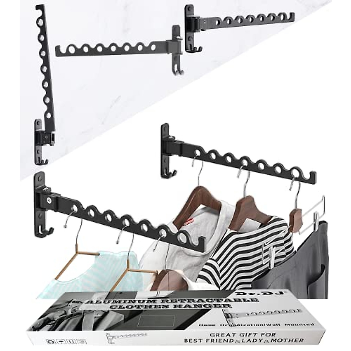 Dr.DJ Wall Mount Coat Hanger Rack, Laundry Clothes Drying Organizer Rack Garment Hooks Aluminium Retractable Folding Indoor Wall Mounted Hanger Space Saver for Laundry Room Bedroom (2 Racks) Black