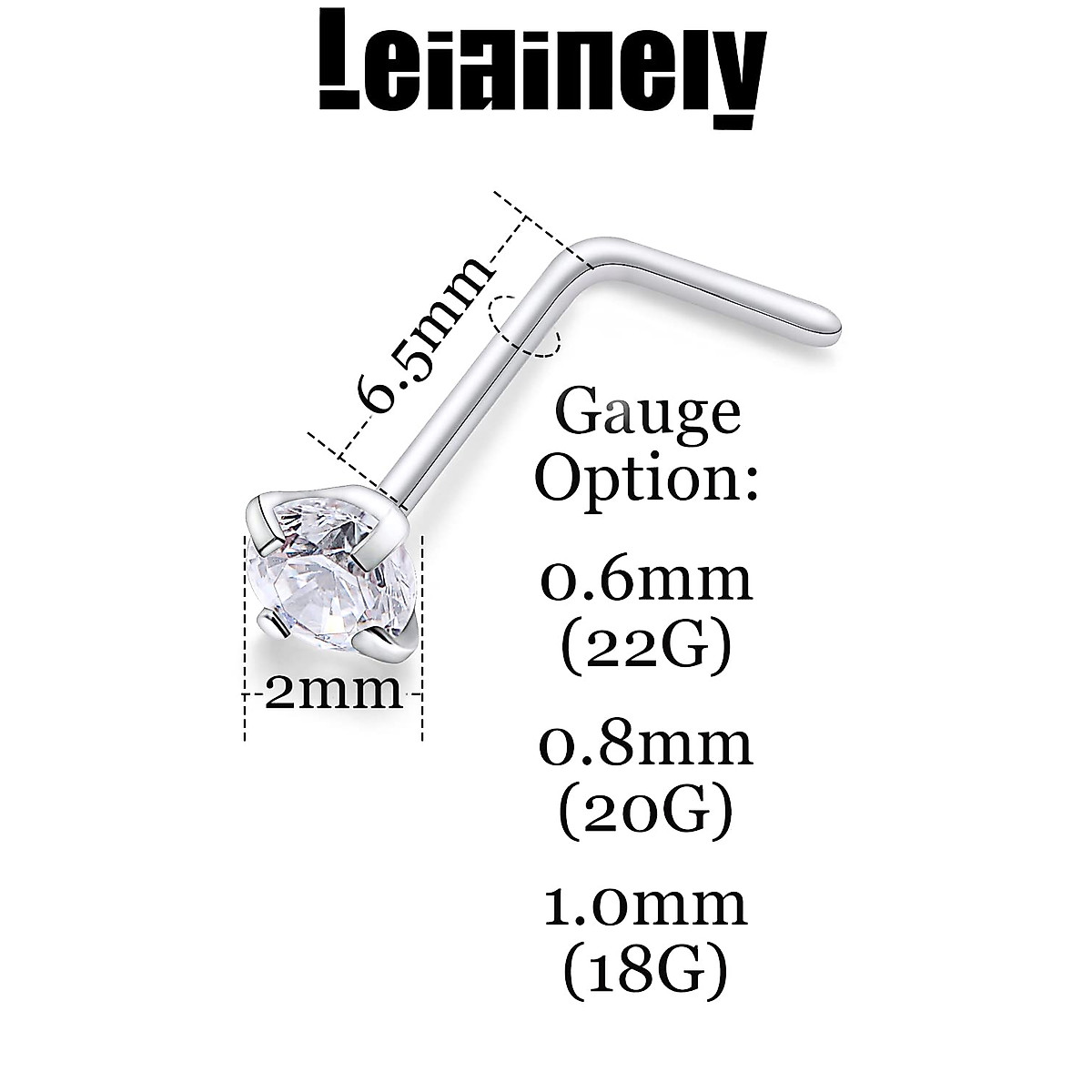 Leiainely 22g 22 g Gauge Thin Nose Rings Studs Piercings Aretes Para La Nariz for Women Men 2mm Gems L Shape Shaped Nostril Jewelry Hypoallergenic Surgical Stainless Silver Steel