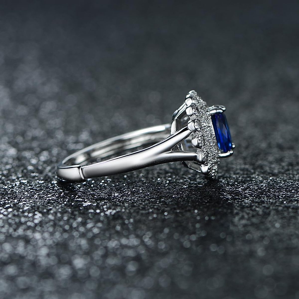 JIANGXIN 925 Sterling Silver Anniversary Ring Princess Diana Royal Engagement Platinum Plated Fine Jewelry for Women Adjustable size 6 7 8 9 (Created Blue Sapphire)