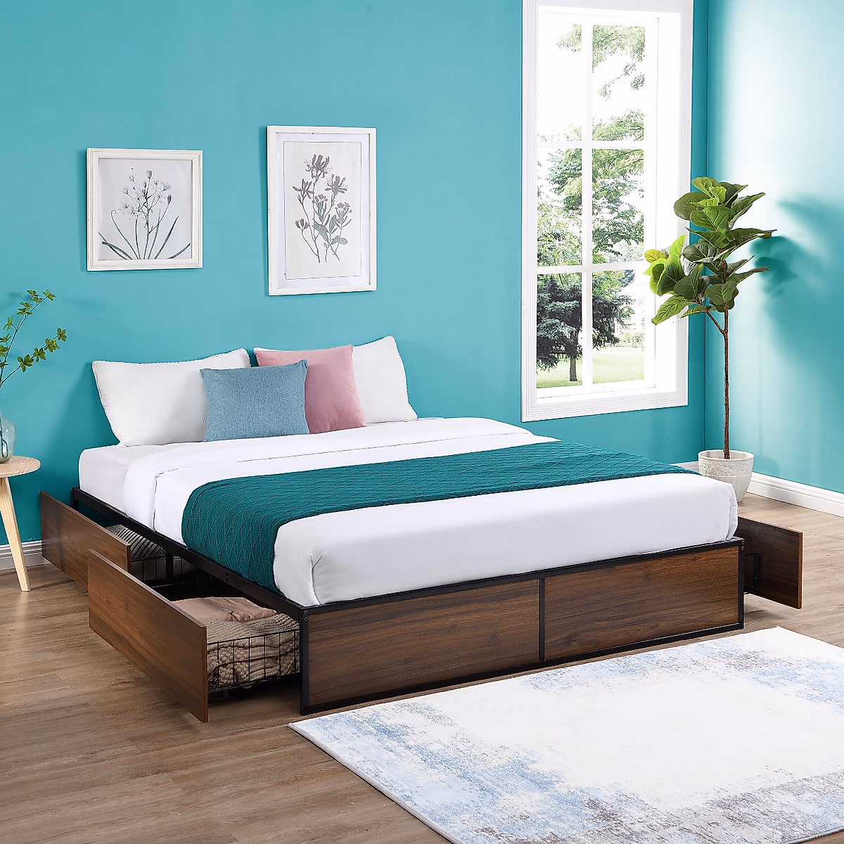 Prohon Queen Size Bed Frame with 4 Extra Large Storage Drawers on Wheels, Strong Steel Slat Support, Space-Saving Metal Platform Bed, Bedframe for Adults, Teens & Kids, No Box Spring Needed, Brown