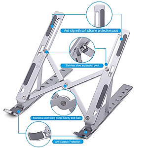 Arae Laptop Stand for Desk, Adjustable Ergonomic Portable Aluminum Laptop Holder, Foldable Computer Stand 7 Angles Anti-Slip Laptop Riser Compatible with 9-15.6 inch Laptops, Silver