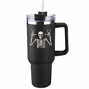 LB LEOBON 40 ounce insulated cup with handle, double-layer vacuum stainless steel material, equipped with straw, can keep warm or maintain cold drinks Funny Skeleton black