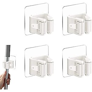 Broom Mop Holder Wall Mounted Garage Organization Tool 4Pcs Broom Gripper Holds Self Adhesive Reusable Super Anti-Slip Mop holder Organizer No Drill Install Easily Storage for Bathroom Kitchen Garden