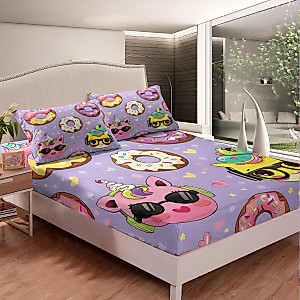 Kawaii Doughnut Fitted Sheet Queen, Funny Dessert Theme Bed Sheets for Boys Teens, Abstract Unicorn Bedding Sets Creative Hippie Tribal Feather Bedding Decor Set, Novelty Bedroom Decor