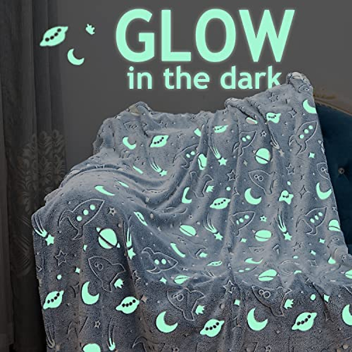 QH Space & Rocket Pattern Glow in The Dark Throw Blanket Luminous Unicorns Blanket-Fun, Cozy Fleece Throw Blanket Made for Great Gifts 60in x 50in