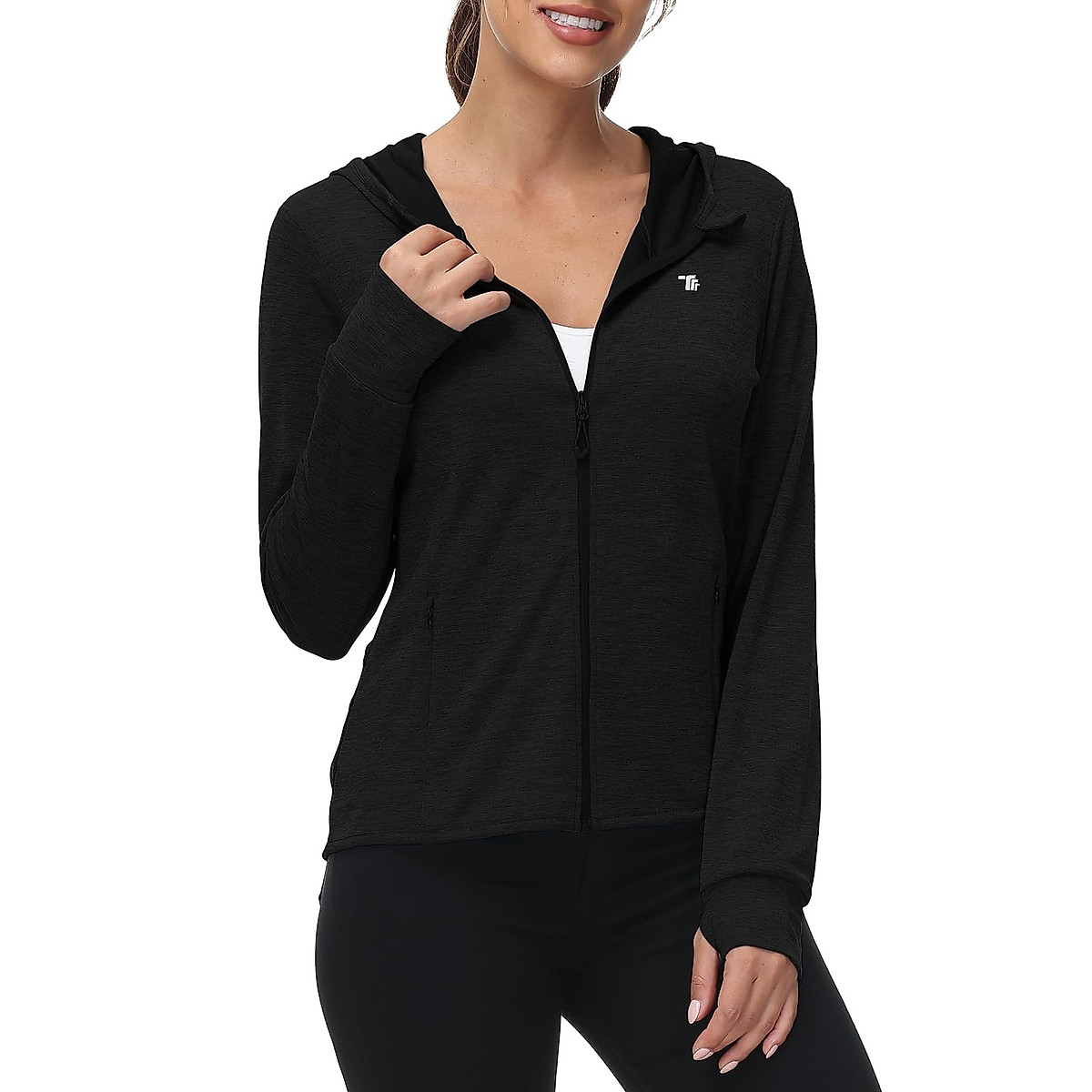 Rdruko Women's Zip Up Hoodie Light Active Jacket UPF 50+ Hiking Outdoor Sun Shirts(Black, US L)