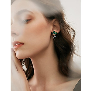 KZZENKI Green Flower Earrings with Stud, Statement Gold Dangle Earrings for Women Trendy Drop Earrings Gift