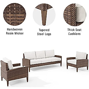 Crosley Furniture KO70193BR-CR Capella Outdoor Wicker 3-Piece Sofa Set (Sofa, 2 Armchairs), Brown with Creme Cushions