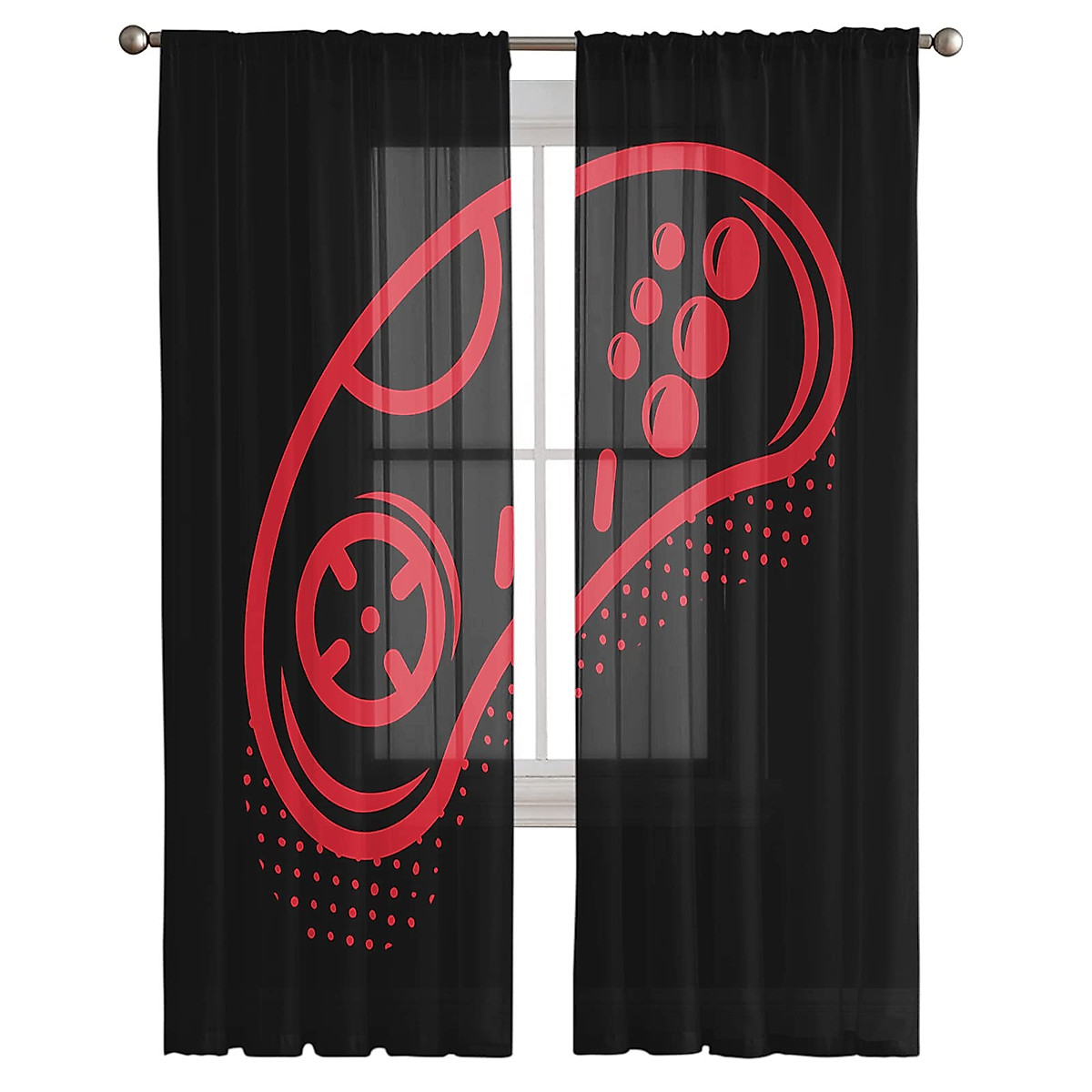 Video Game Window Semi Sheer Curtains for Bedroom Living Room, Red Gamepad Games Controller Gamer Black Rod Pocket Chiffon Voile Sheer Drapes Curtain 63 Inch Length 2 Panels Set