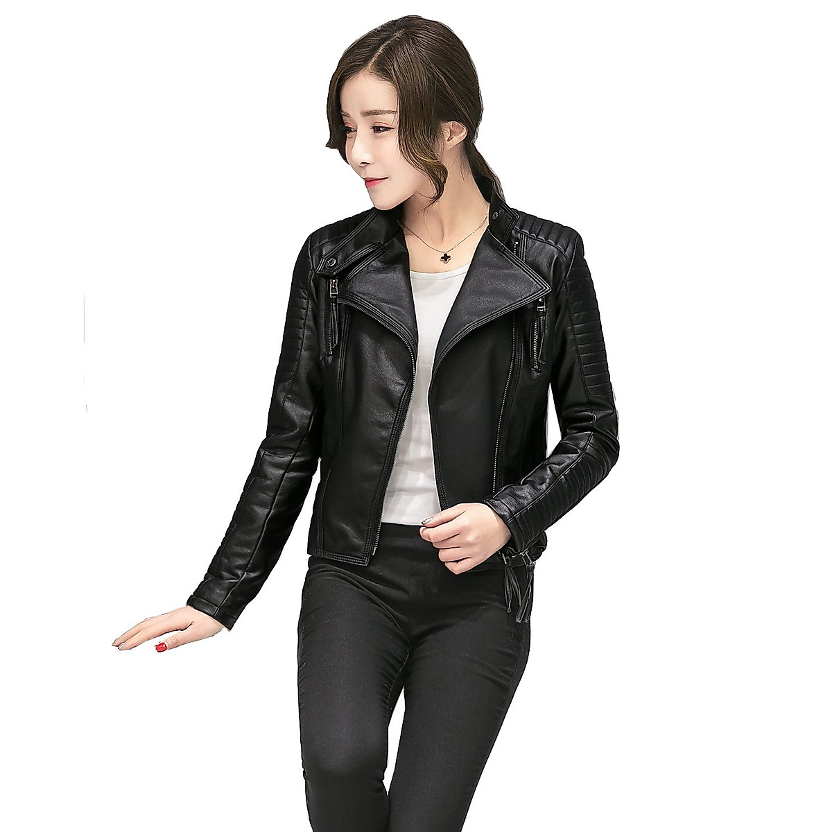 LY VAREY LIN Women's Faux Leather Biker Jacket Slim Short Coat Zipper Moto Jackets (S, Black)
