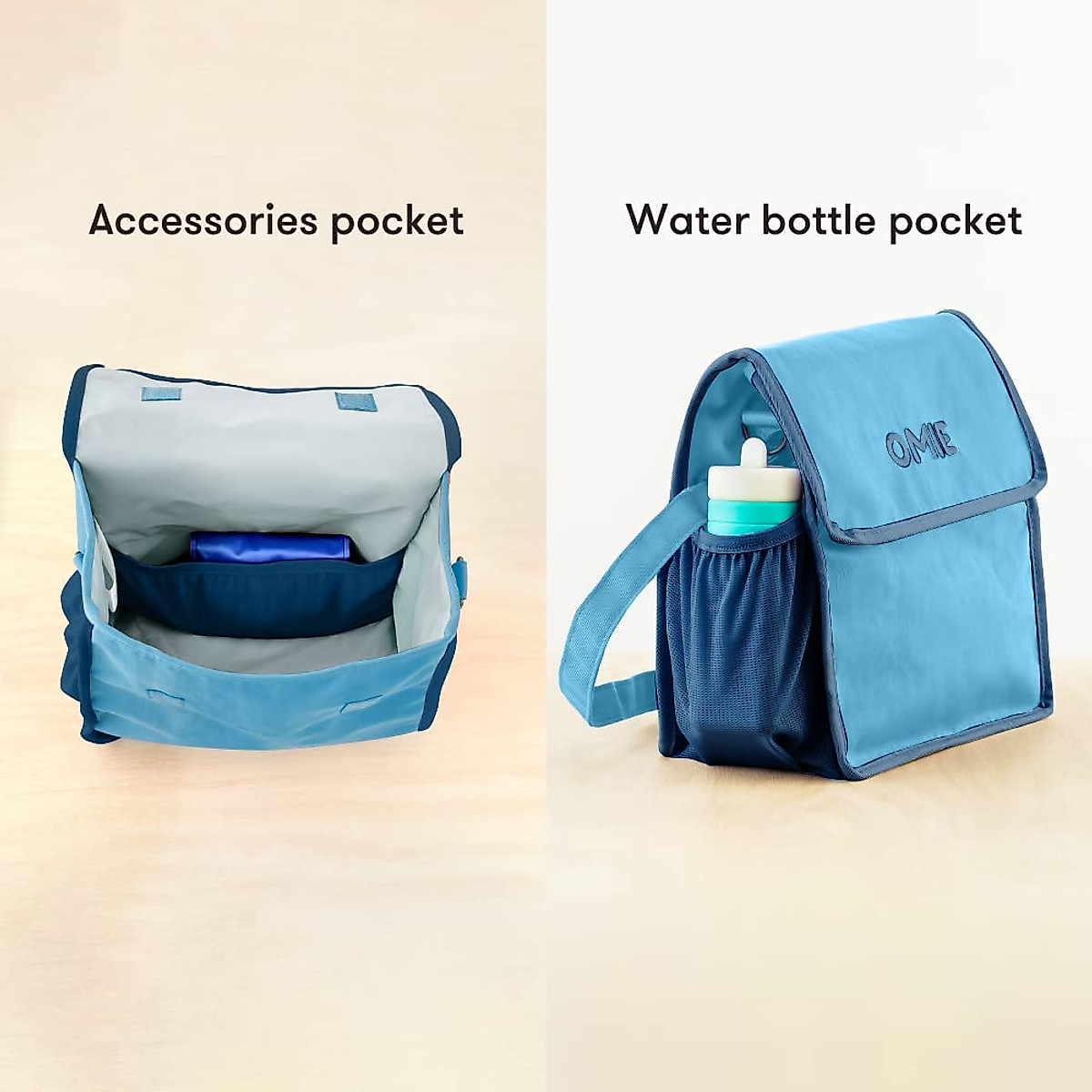 OmieBox Lunch Bag - Washable, Foldable, Durable, WaterResistant Fabric with Interior Pocket and External Bottle Holder.