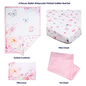 La Premura Blush Floral Butterfly Toddler Bedding Set, Girl Toddler Bed Set, Toddler Bed Sheets, Toddler Bedding Sets for Girls, Toddler Bed Girl, Toddler Comforter Set