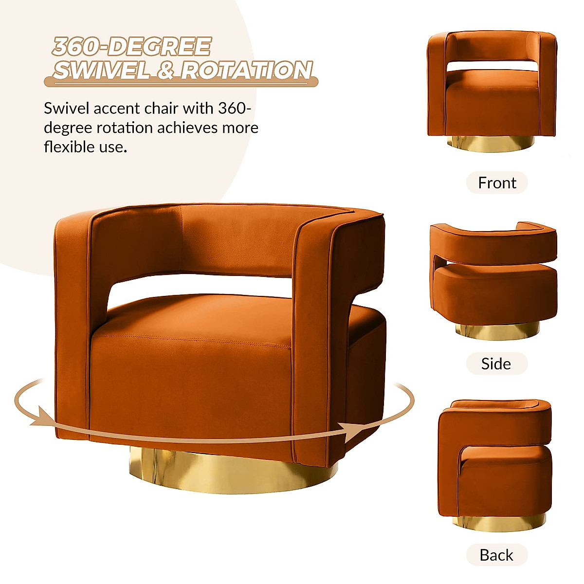 HULALA HOME Swivel Accent Barrel Chairs Set of 2, Modern Velvet Accent Chairs with 3D Curved Open Back & Swivel Gold Metal Base, Velvet Club Lounge Chairs for Living Room Bedroom Nursery, Orange