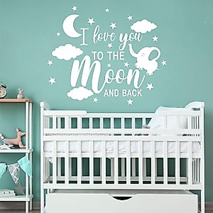 DDK I Love You to The Moon and Back Elephant Baby Kids Wall Decals Moon Stars and Clouds Space Wall Art Decals (White)