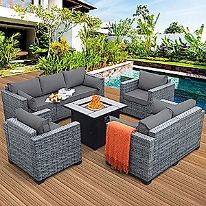 Valita Patio Rattan Furniture Set with Gas Fire Pit Table,5-Piece All Weather Gray Outdoor PE Wicker Resin Chairs and Couch,Sectional Conversation Sofa Set with Gray Cushions