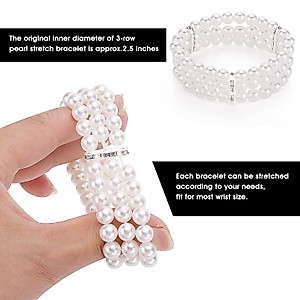 Yolev 4PCS 3-Row Faux Pearl Bracelet 3-Row Pearl Stretch Bracelet Multilayer Pearl Elastic Bangle for Wedding Jewelry 1920s Costume
