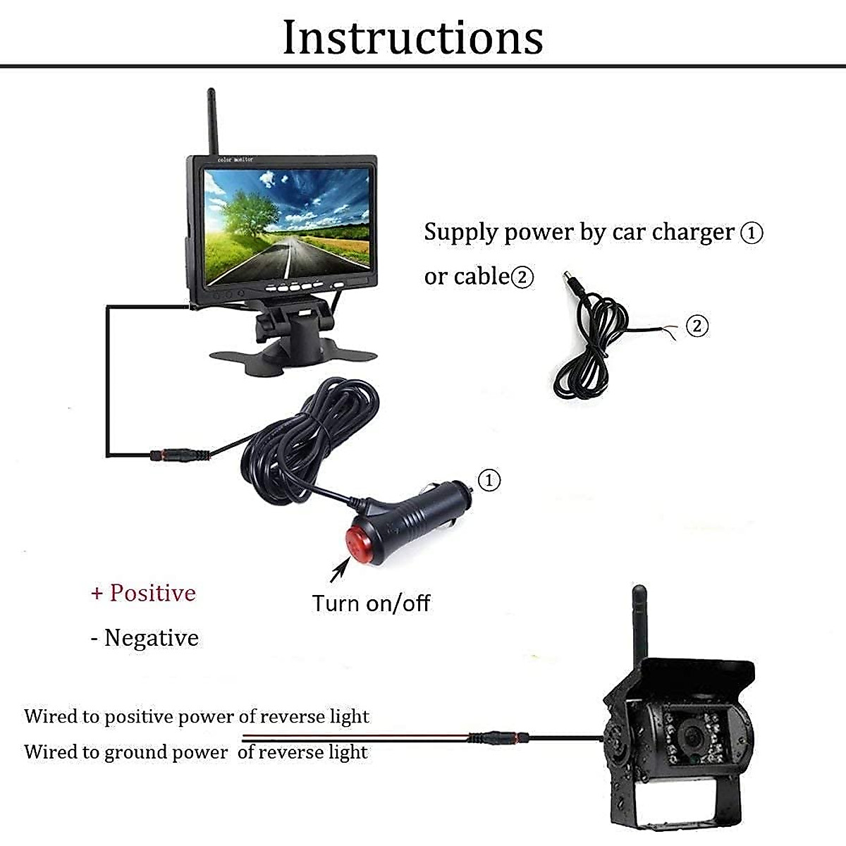 Liehuzhekeji Wireless Car Backup Camera and Monitor Kit, Waterproof Night Vision Wireless Rear View Camera 7 Inch LCD Monitor Parking System + Car Charger for 12V-24V Truck RV Trailer Camper Bus