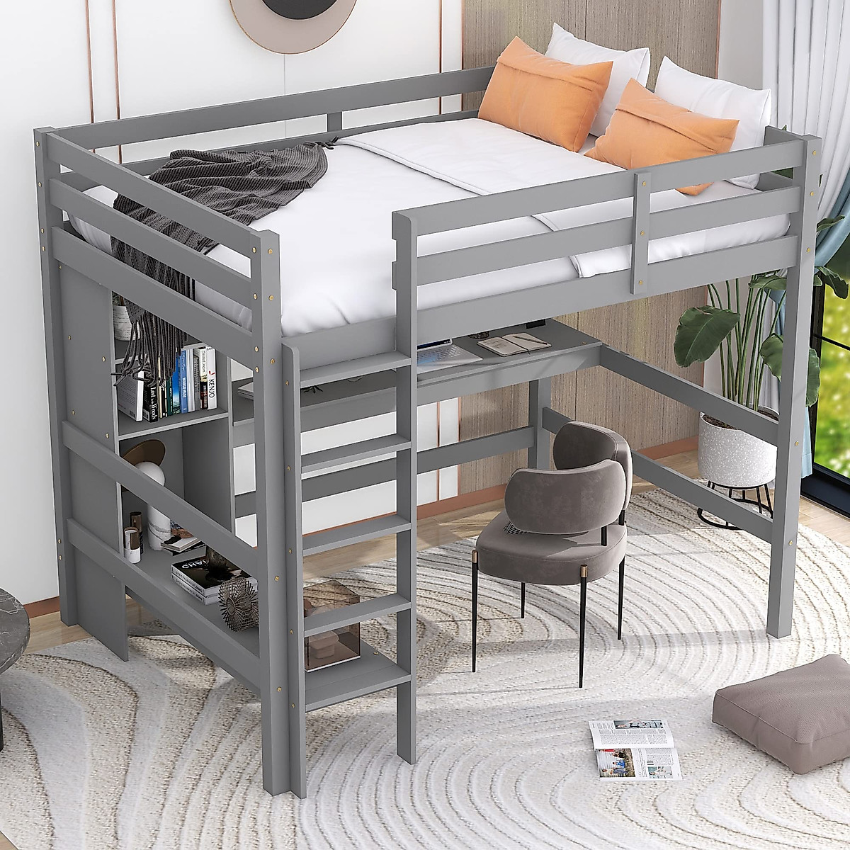 Harper & Bright Designs Full Loft Bed with Desk and Storage Shelves, Wood Full Size Loft Bed with Desk Underneath, High Loft Bed Full with Slat Support for Kids, Boys,Girls,Teens, Grey