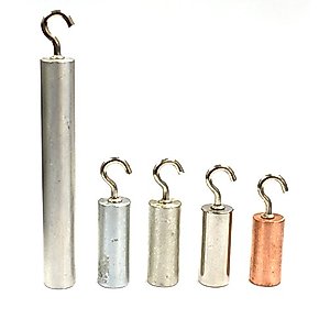 Specific Heat Cylinders, Set of 4 Metals with Removable Hooks and Element Stamp, Varied Lengths and 0.5" Diameter - Aluminum, Copper, Stainless Steel, Tin, Zinc - For use with Density, Specific Gravity, Specific Heat Activities - Eisco Labs