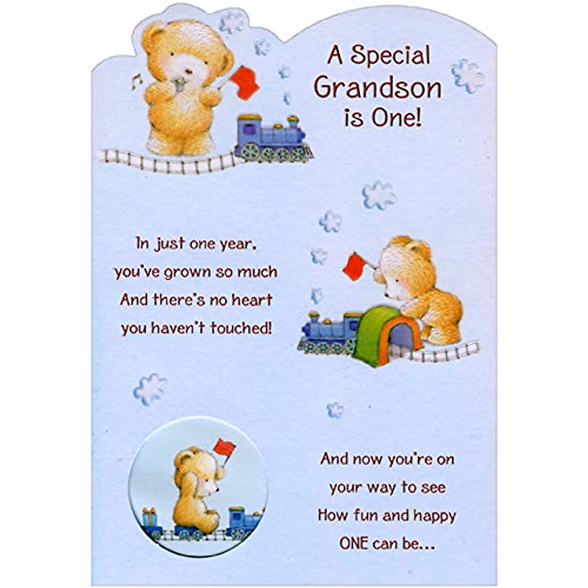 Designer Greetings Bear Playing with Train Die Cut Juvenile 1st / First Birthday Card for Grandson