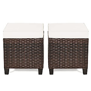 RELAX4LIFE 2-Piece Patio Ottoman Set - Wicker Footstools, All Weather PE Rattan Ottoman with Removable Cushions, Square Footrest Seat, Outdoor Stools for Garden, Porch, Pouf Ottoman (Cream)
