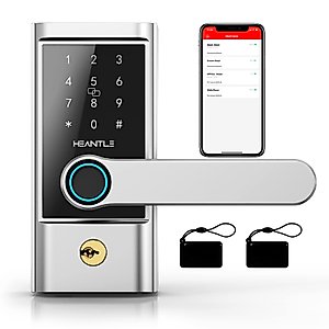 Smart Lock Keyless Entry Door- HEANTLE Fingerprint Bluetooth Electronic Lever Touchscreen Keypad Deadbolt Alternative Digital Handle for Front Door Auto Lock Compatible with Alexa Silver